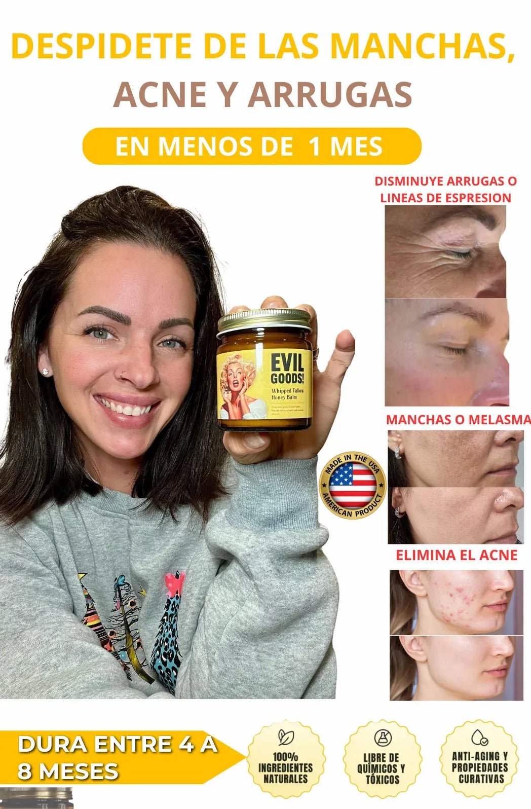 Evil Goods! Crema Orgánica de Sebo de Res con Miel - Elimina Acné y la ...